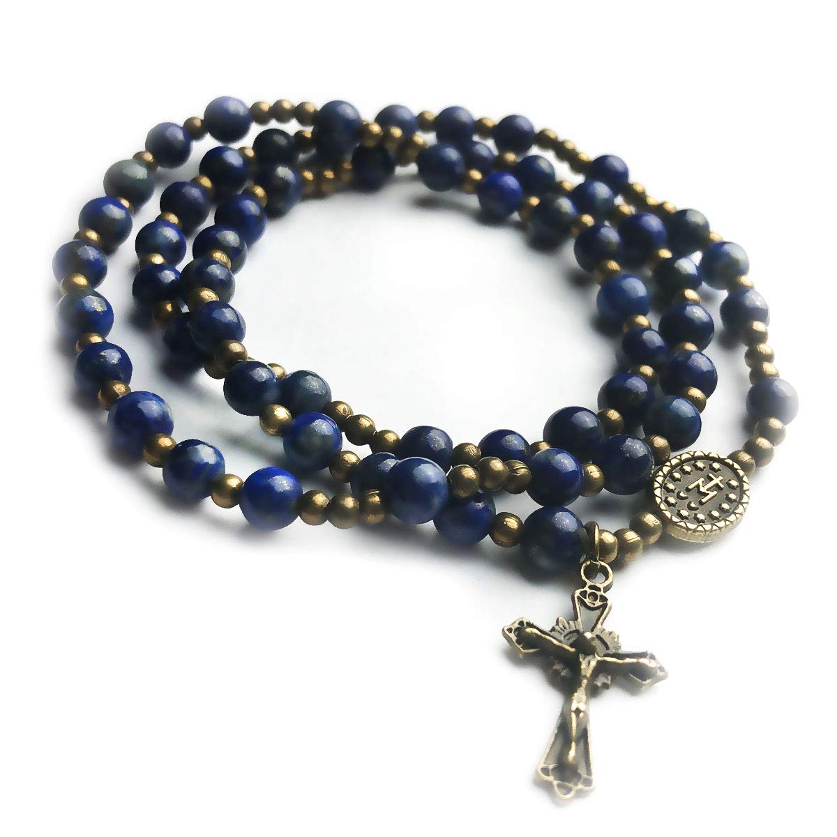 Blue Lapis Stone Catholic Rosary Bracelet for Women with Virgin Mary Our Lady of Graces Medal Charm - Catholic Gifts