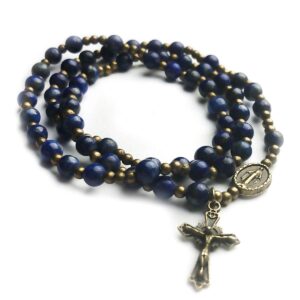 blue lapis stone catholic rosary bracelet for women with virgin mary our lady of graces medal charm - catholic gifts