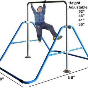 Kids Home Gymnastics Bar Jungle Gym 3 in 1 Set Deluxe Swing Seat, Trapeze Rings, Horizontal Kip Bar Height Adjustable Monkey Bar, Expandable Junior Training Gymnastic Balance Bar, Swing Set (Blue)