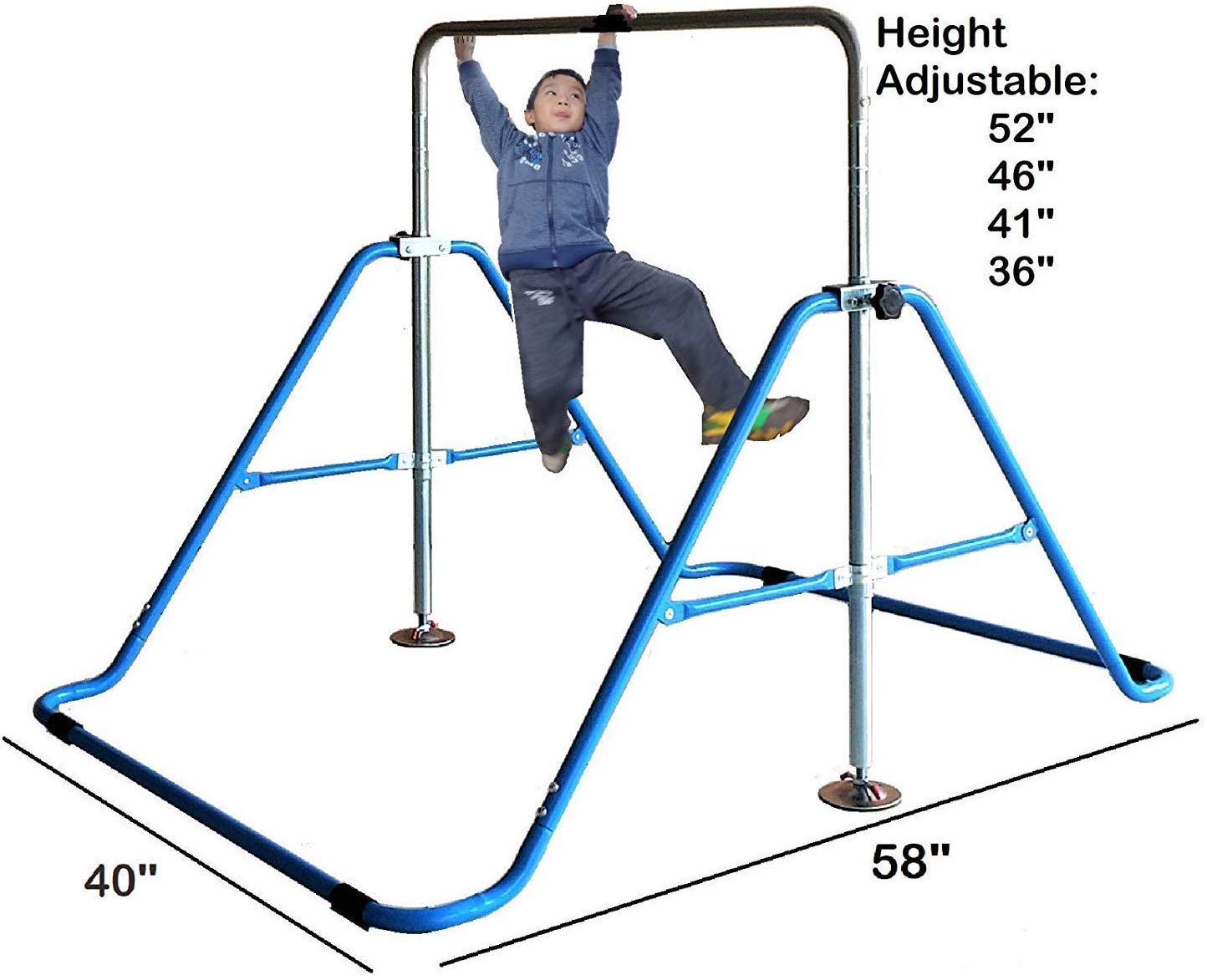 Kids Home Gymnastics Bar Jungle Gym 3 in 1 Set Deluxe Swing Seat, Trapeze Rings, Horizontal Kip Bar Height Adjustable Monkey Bar, Expandable Junior Training Gymnastic Balance Bar, Swing Set (Blue)