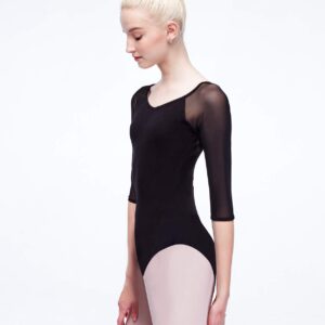 Cuulrite Black Ballet Dance Leotards for Women, Yoga Gymnastic Leotard Stretch Mesh Splice 34 Sleeve,Small