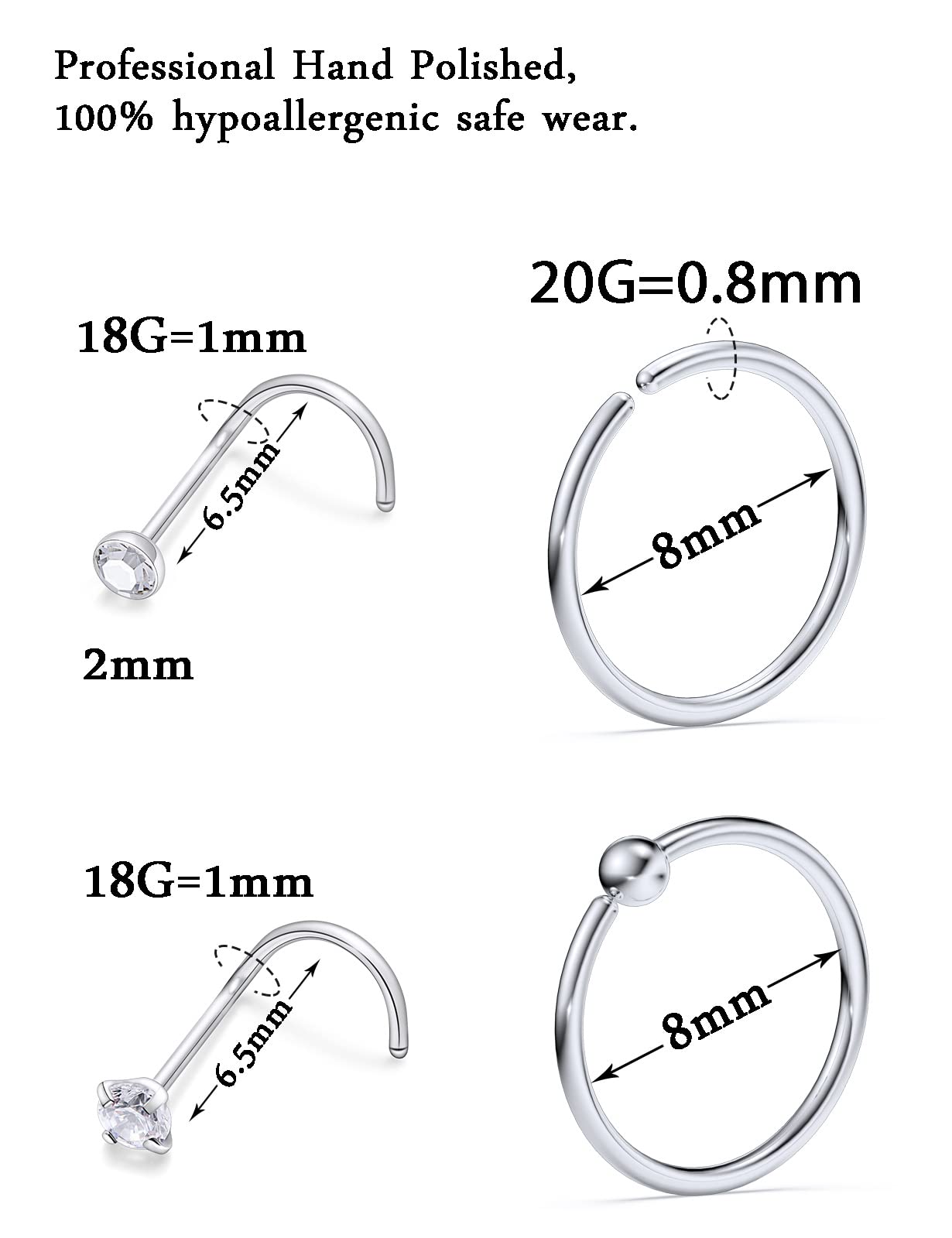 Boernfnso 18G Nose Rings for Women Surgical Steel Nose Rings Hoops Nose Piercing Jewelry,Screw Nose Rings, Corkscrew Nose Ring Studs,Opal Nose Ring CZ Screw Nose Studs，Cute Nose Rings,Silver