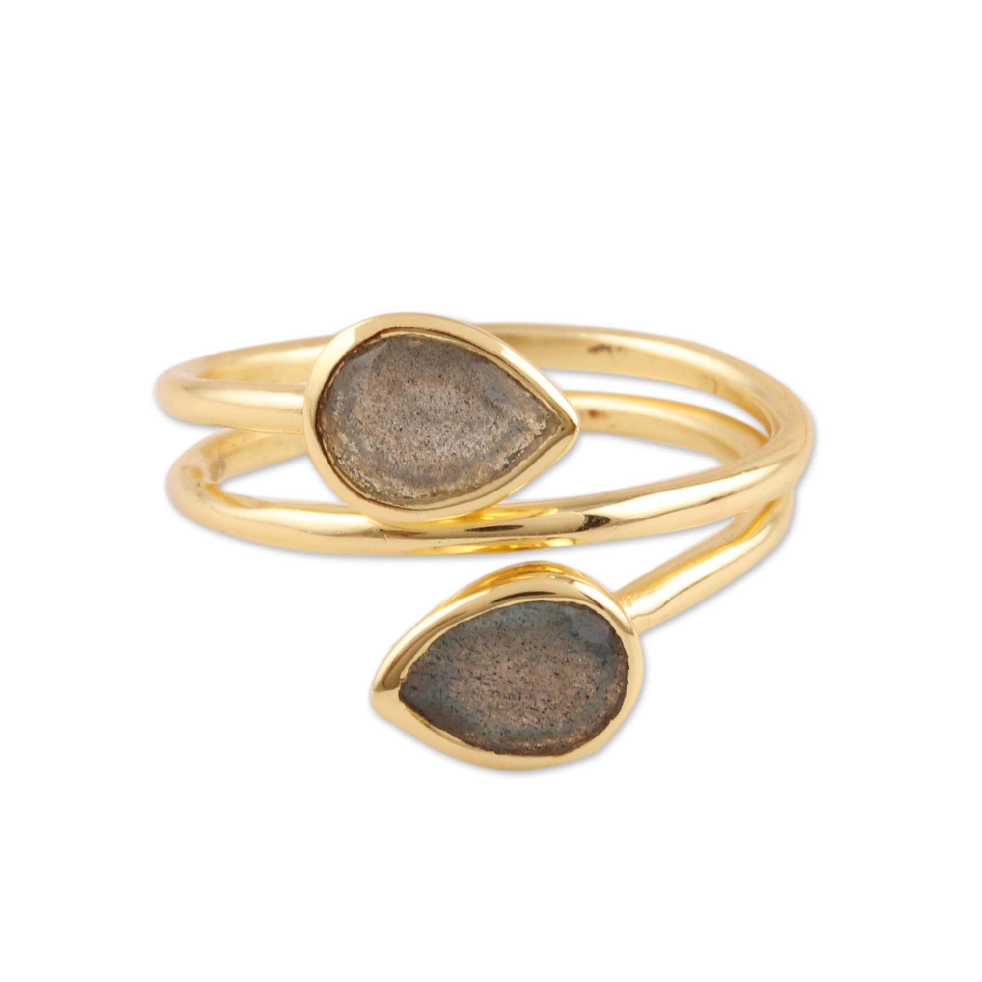 NOVICA Artisan handmade gold plated labradorite wrap ring from india cocktail gemstone [Ring front 0.5 in L x 0.6 in W x 0.1 in H Band width 3 mm W] ' golden aurora'