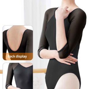 Cuulrite Black Ballet Dance Leotards for Women, Yoga Gymnastic Leotard Stretch Mesh Splice 34 Sleeve,Small