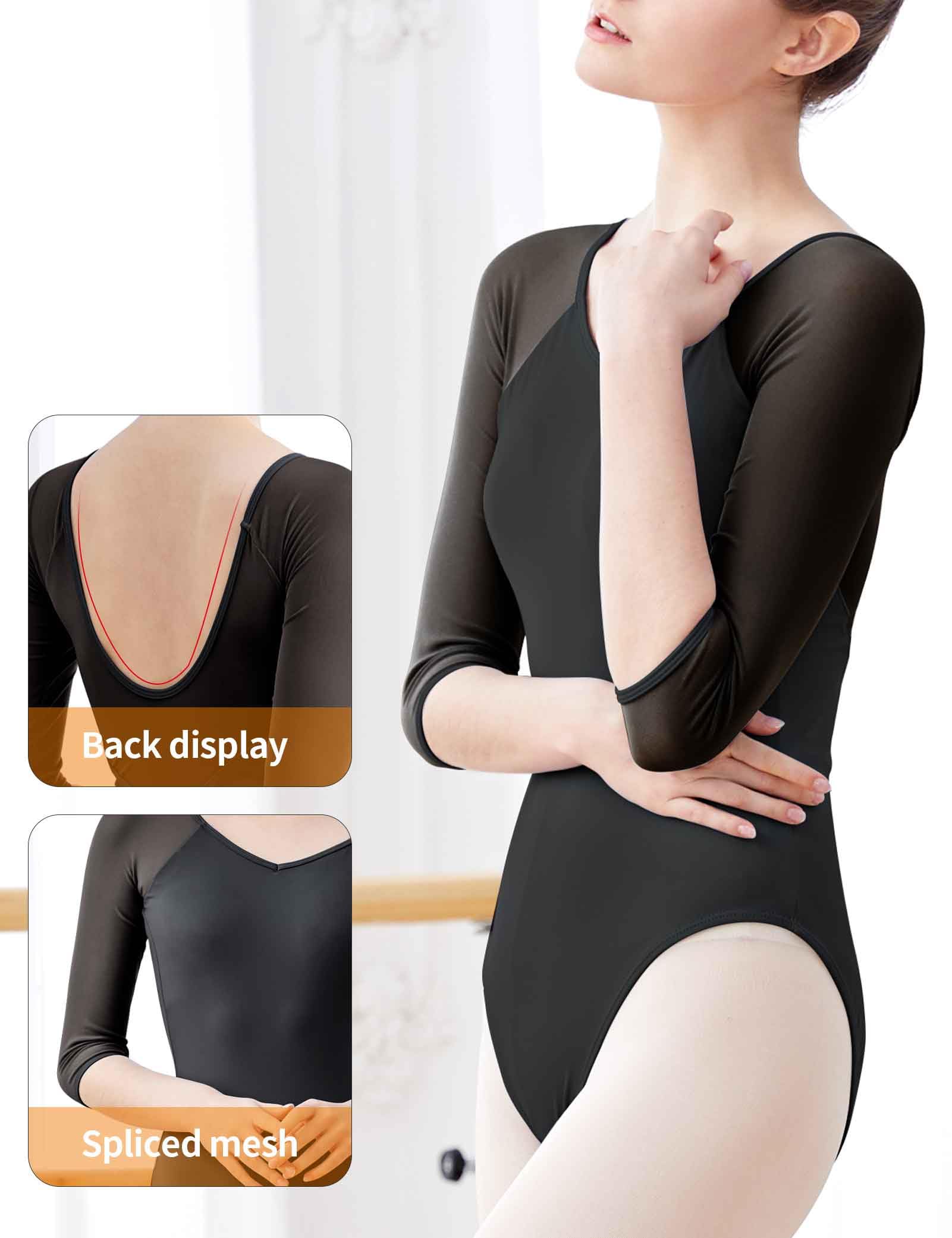 Cuulrite Black Ballet Dance Leotards for Women, Yoga Gymnastic Leotard Stretch Mesh Splice 34 Sleeve,Small