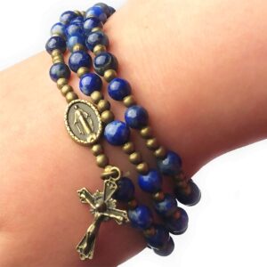 Blue Lapis Stone Catholic Rosary Bracelet for Women with Virgin Mary Our Lady of Graces Medal Charm - Catholic Gifts