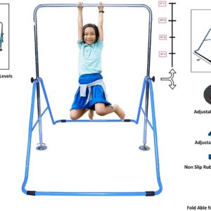 Kids Home Gymnastics Bar Jungle Gym 3 in 1 Set Deluxe Swing Seat, Trapeze Rings, Horizontal Kip Bar Height Adjustable Monkey Bar, Expandable Junior Training Gymnastic Balance Bar, Swing Set (Blue)