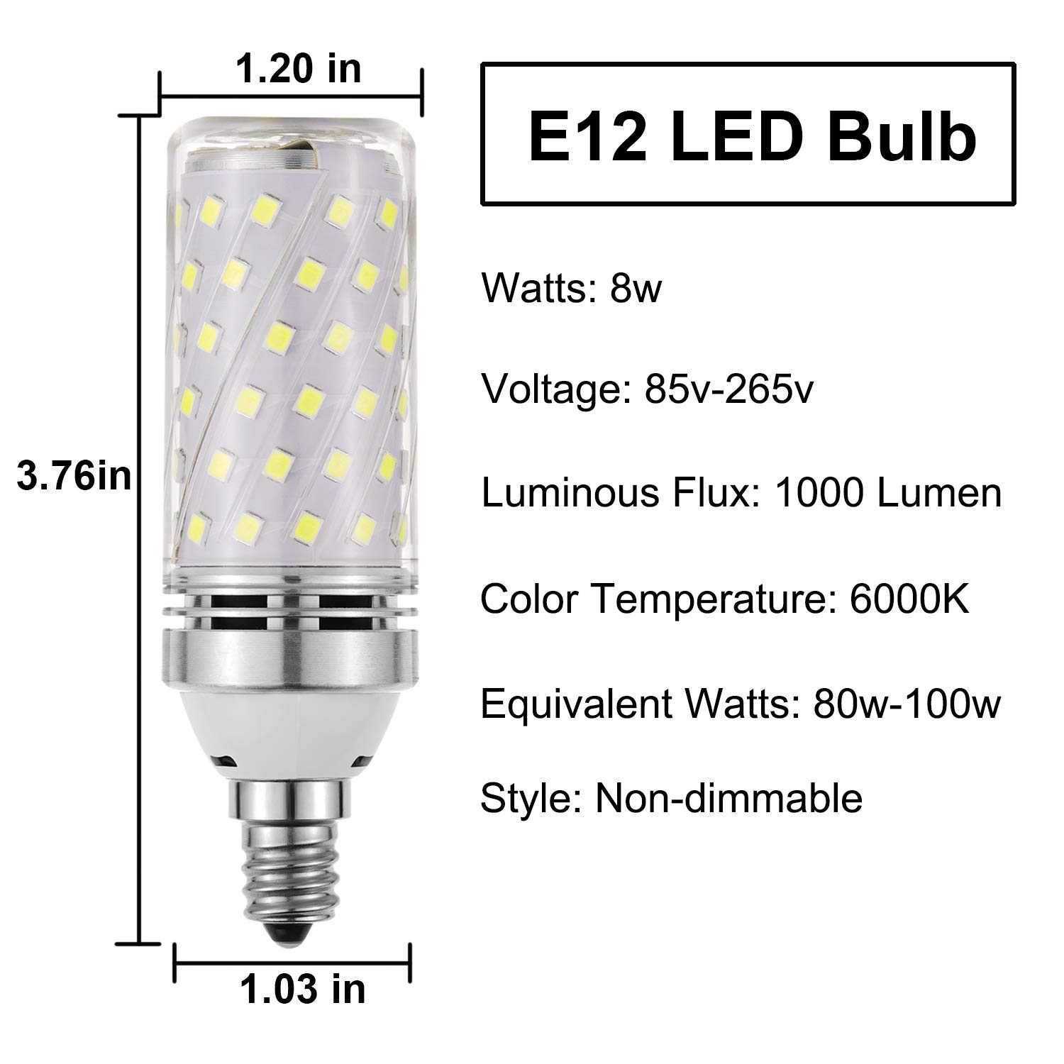 LEKE E12 LED Bulb 80W-100W Equivalent E12 Candelabra Bulb 1000Lumen Non-dimmable E12 Light Bulb 8W 6000K White(4 Pack)