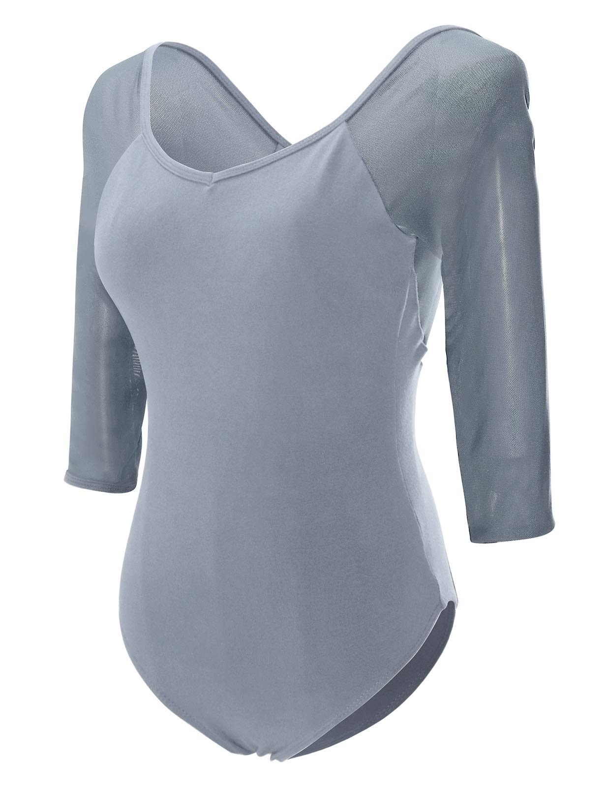 Cuulrite Ballet Dance Leotards for Women, Yoga Gymnastic Leotard Stretch Mesh Splice 34 Sleeve,Light Grey,Small