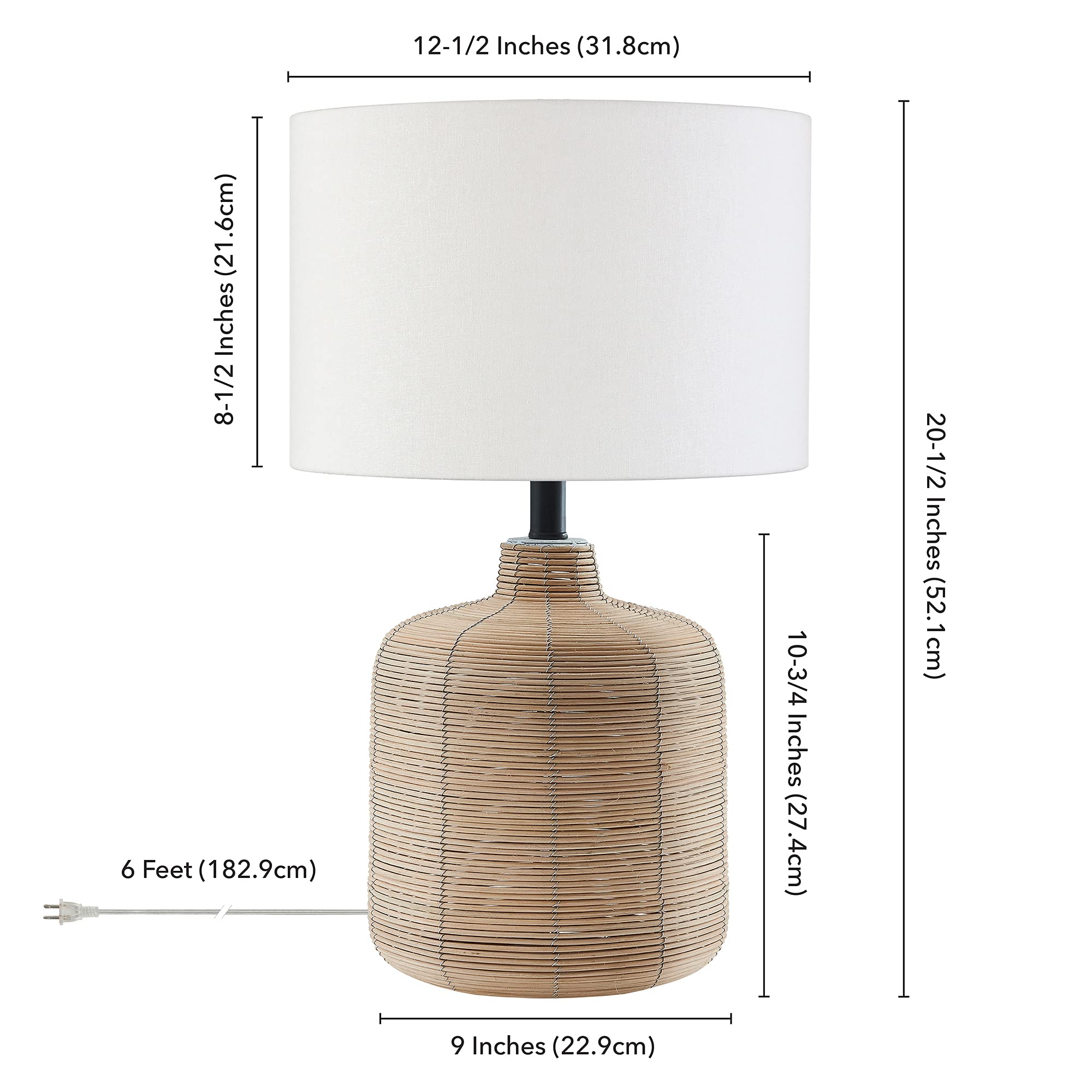 Henn&Hart 20.5" Tall Petite/Rattan Table Lamp with Fabric Shade in Natural Rattan/Brass/White, Lamp, Desk Lamp for Home or Office