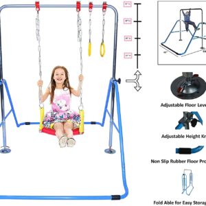 Kids Home Gymnastics Bar Jungle Gym 3 in 1 Set Deluxe Swing Seat, Trapeze Rings, Horizontal Kip Bar Height Adjustable Monkey Bar, Expandable Junior Training Gymnastic Balance Bar, Swing Set (Blue)