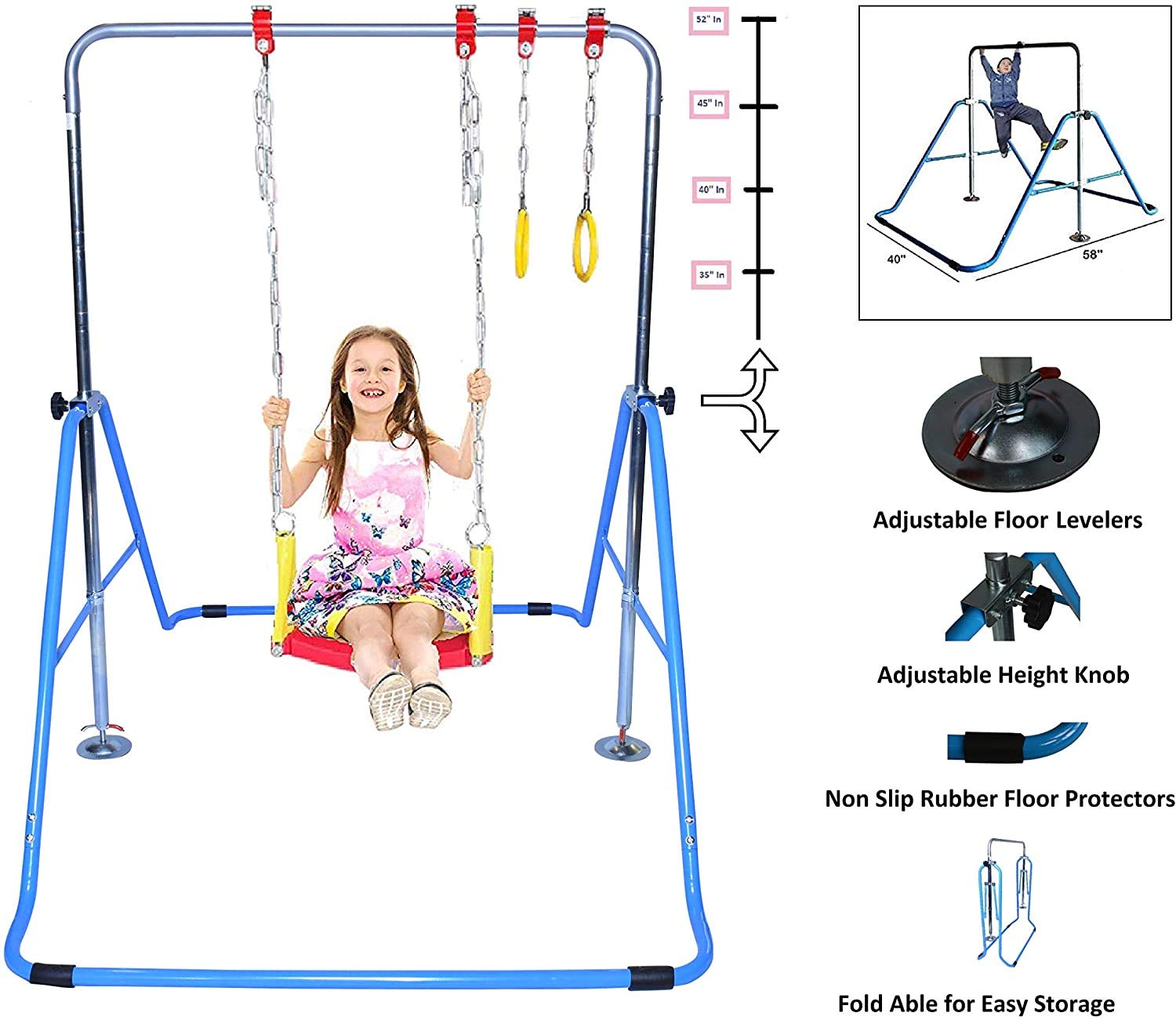 Kids Home Gymnastics Bar Jungle Gym 3 in 1 Set Deluxe Swing Seat, Trapeze Rings, Horizontal Kip Bar Height Adjustable Monkey Bar, Expandable Junior Training Gymnastic Balance Bar, Swing Set (Blue)