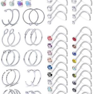 Boernfnso 18G Nose Rings for Women Surgical Steel Nose Rings Hoops Nose Piercing Jewelry,Screw Nose Rings, Corkscrew Nose Ring Studs,Opal Nose Ring CZ Screw Nose Studs，Cute Nose Rings,Silver