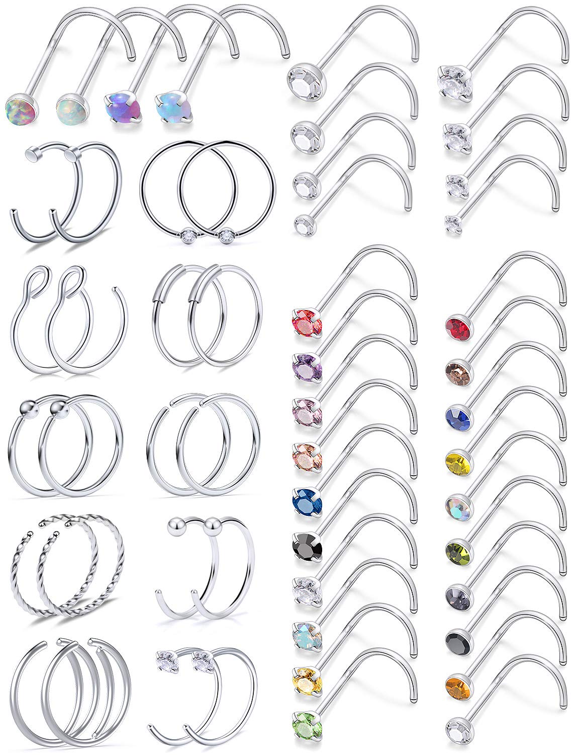 Boernfnso 18G Nose Rings for Women Surgical Steel Nose Rings Hoops Nose Piercing Jewelry,Screw Nose Rings, Corkscrew Nose Ring Studs,Opal Nose Ring CZ Screw Nose Studs，Cute Nose Rings,Silver