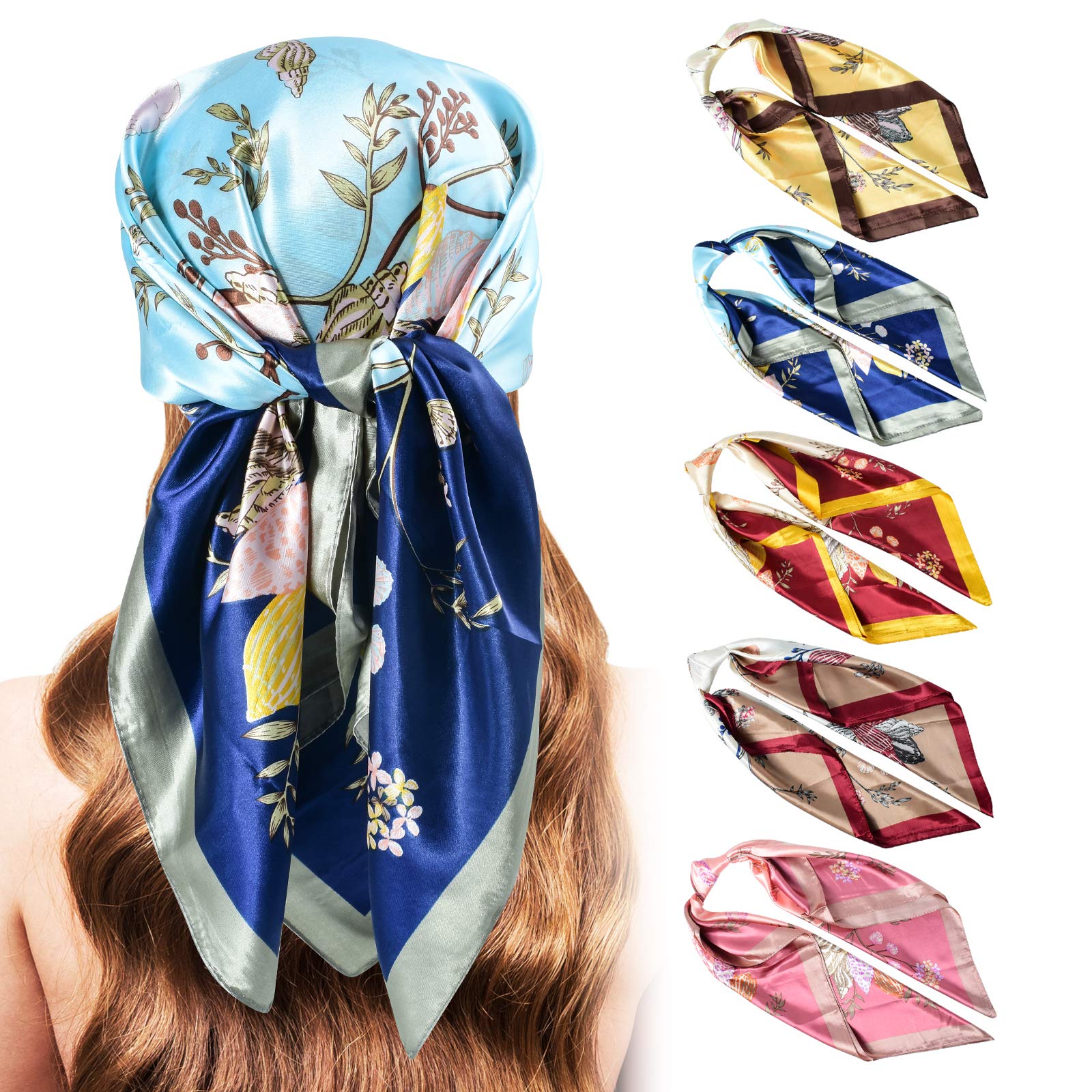 Stlvoll 5PCS Large Satin Head Scarves - Silk Square Like Neck Scarf Hair Wraps Headscarf for Sleeping Head Scarf Bundle 35 in