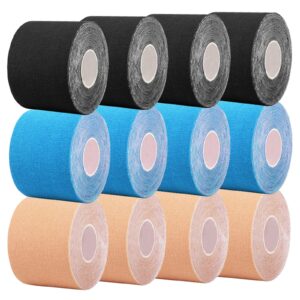 choimoku 12 rolls kinesiology tape for knees muscle tape for shoulder uncut 2" waterproof 2inch sports tape athletic plantar fasciitis tape for pain knee support therapy (4x beige, 4x black, 4x blue)