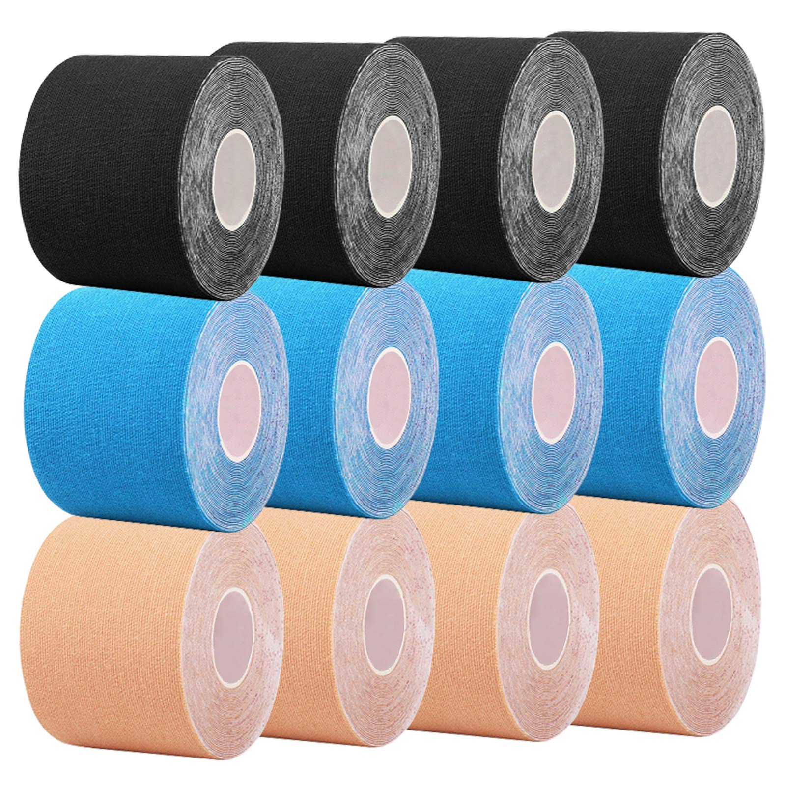 CHOIMOKU 12 Rolls Kinesiology Tape for Knees Muscle Tape for Shoulder Uncut 2" Waterproof 2Inch Sports Tape Athletic Plantar Fasciitis Tape for Pain Knee Support Therapy (4X Beige, 4X Black, 4X Blue)