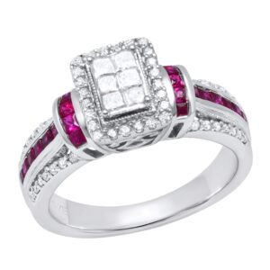 dazzlingrock collection princess ruby with round & princess white diamond engagement ring for women in sterling silver, size 9