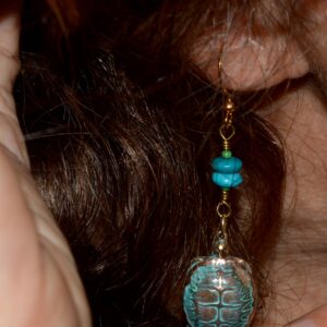 Elaine Coyne Wearable Art Verdigris Patina Solid Brass Sea Turtle Dangle Earrings - Turquoise