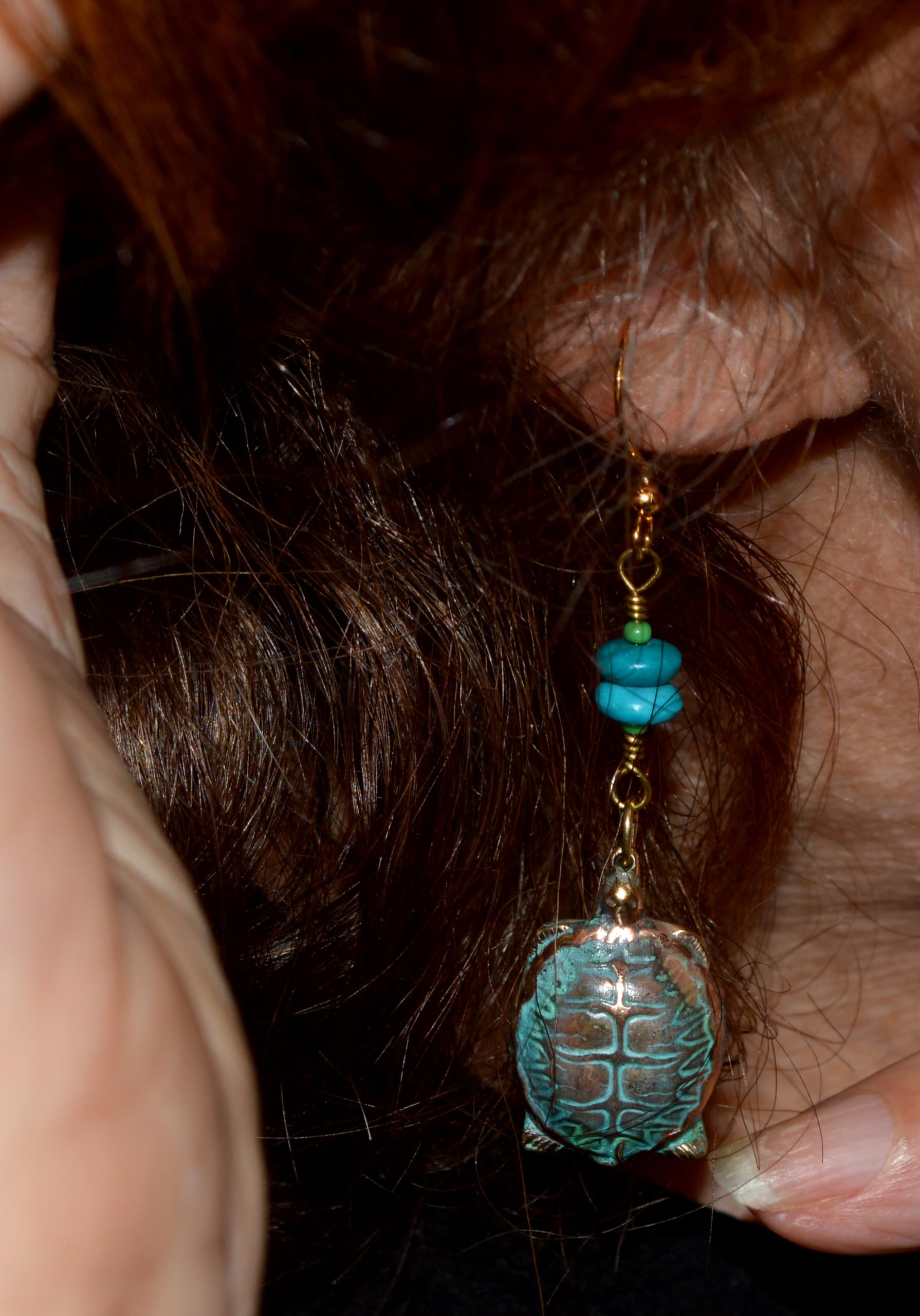 Elaine Coyne Wearable Art Verdigris Patina Solid Brass Sea Turtle Dangle Earrings - Turquoise