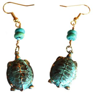 Elaine Coyne Wearable Art Verdigris Patina Solid Brass Sea Turtle Dangle Earrings - Turquoise