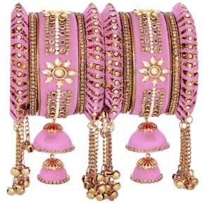 aheli wedding party designer velvet faux stone studded bridal bangle set chuda with hangings indian traditional ethnic fashion jewelry for women pink