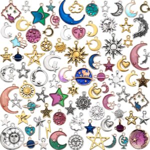 160 pcs bracelet charms, mixed antique sun star moon charm pendant plated celestial charm for jewelry making (silver, gold, blue, purple)