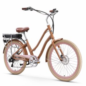 sixthreezero evryjourney women's electric bike, 7-speed step through beach cruiser ebike bicycle, 500 watt motor, 26 inch wheels, camel mauve