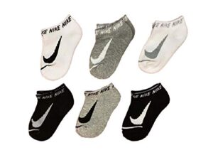 nike kid`s swoosh cushioned no show training socks 6 pack (black(bn0472--42)/grey/white, 5-7 (little kids))