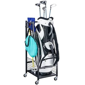 mythinglogic golf bag storage organizer rack-golf clubs organization for garage, golf bag stand with movable hanging hooks, golf equipment and accessories storage racks for garage,shed,basement