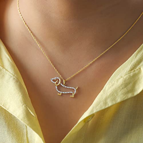 Elmas 1/10CT Round White Diamond 10K Yellow Gold Dachshund Dog Pet Pendant Necklace for Women