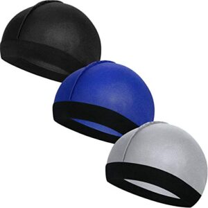 3 pieces kids satin wave caps set unisex kid beanie cap 360 wave wide strap skull caps (black, silvery, royal blue)