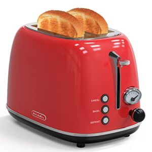 toaster 2 slice,retro stainless steel toaster with 6 settings, 1.5 in extra wide slots, bagel/defrost/cancel function, removable crumb tray (red)