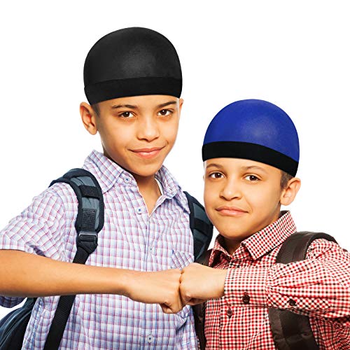 3 Pieces Kids Satin Wave Caps Set Unisex Kid Beanie Cap 360 Wave Wide Strap Skull Caps (Black, Silvery, Royal Blue)