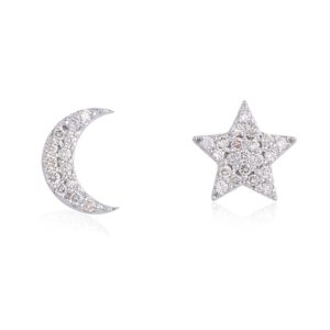 certified 14k solid gold star moon stud earrings 0.13 carat natural brilliant cut diamonds (g-h color, si1-si2 clarity) fine jewelry for women gifts for her