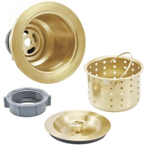 KONE 3-1/2 Inch Gold Sink Drain, Durable Stainless Steel Brass Kitchen Sink Drain Assembly Kit with Sink Strainer Waste Basket/Strainer Assembly/Sealing Lid for Standard Kitchen Sink