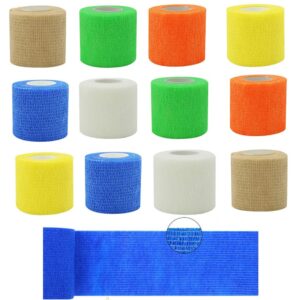 jusunifixo 2 inch self adhesive bandage with custom package,wrap self adherent cohesive breathable sports tape for first aid, leg,dog injury, sprains and swelling, 6 colors-12 rolls(rainbow)