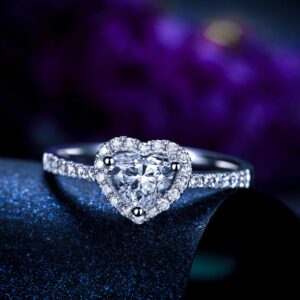 Sdouefos Rhodium Plated Sterling Silver Heart Shaped Cubic Zirconia CZ Halo Engagement Wedding Insert Ring Promise Rings for Her(9)