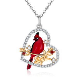 sterling silver heart red cardinal necklace for women mom mother daughter friend crystal couples cute bird necklaces dainty cubic zirconia long chain