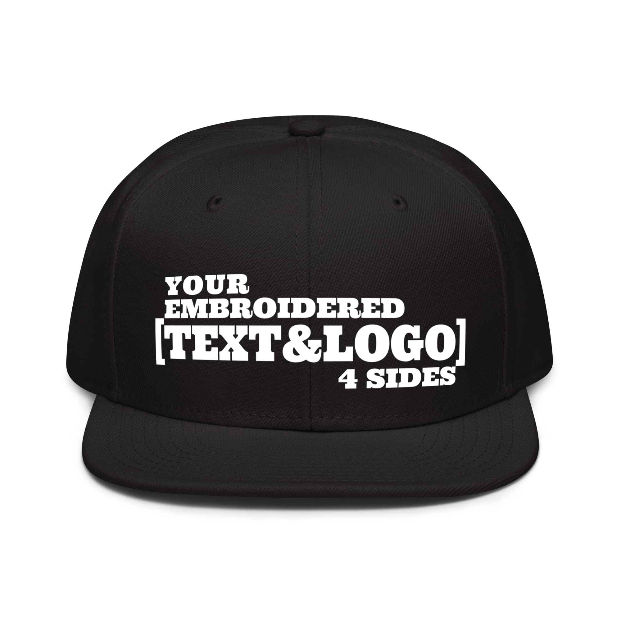 Custom Snapback Hat/Cap 4 Sides, Embroidery Personalized Text & Logo丨Flat Brim Bill Black