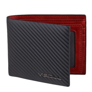 visoul men's leather rfid blocking wallet extra capacity, bifold security wallet for men with 2 id windows 8 card slots 2 cash compartments (black+burgundy)