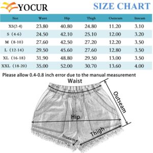 YOCUR Women's Denim Shorts Flowy Fashion Board Shorts Elastic Waist Tassel Distressed Shorts Drawstring Boxer Shorts Juniors Lounge Jean Shorts White M