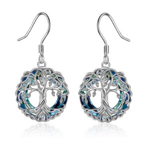 poplyke celtic tree of life earrings for women sterling silver family tree dangle drop earrings with blue crystal (blue crystal tree earrings)