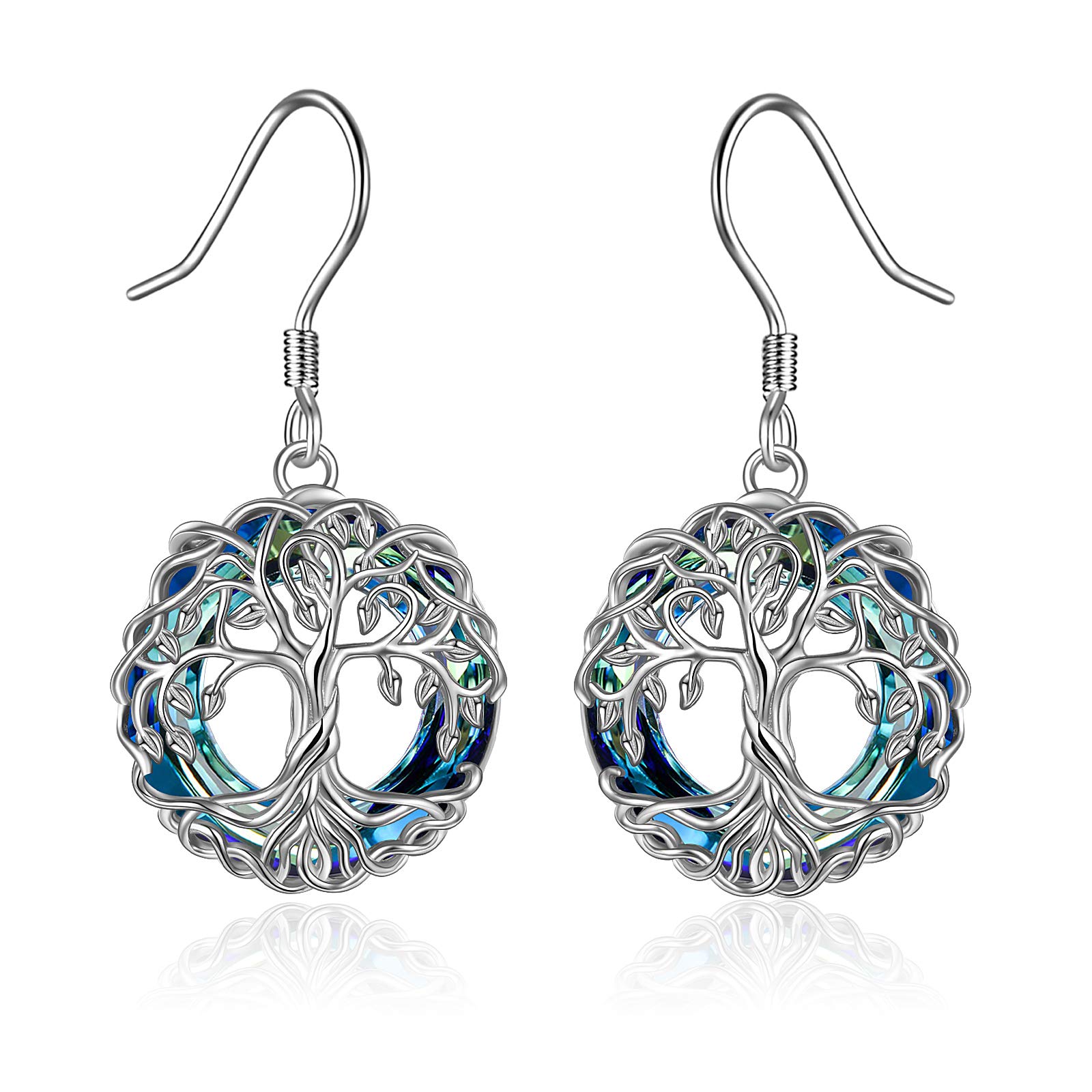 POPLYKE Celtic Tree of Life Earrings for Women Sterling Silver Family Tree Dangle Drop Earrings with Blue Crystal (Blue Crystal Tree Earrings)