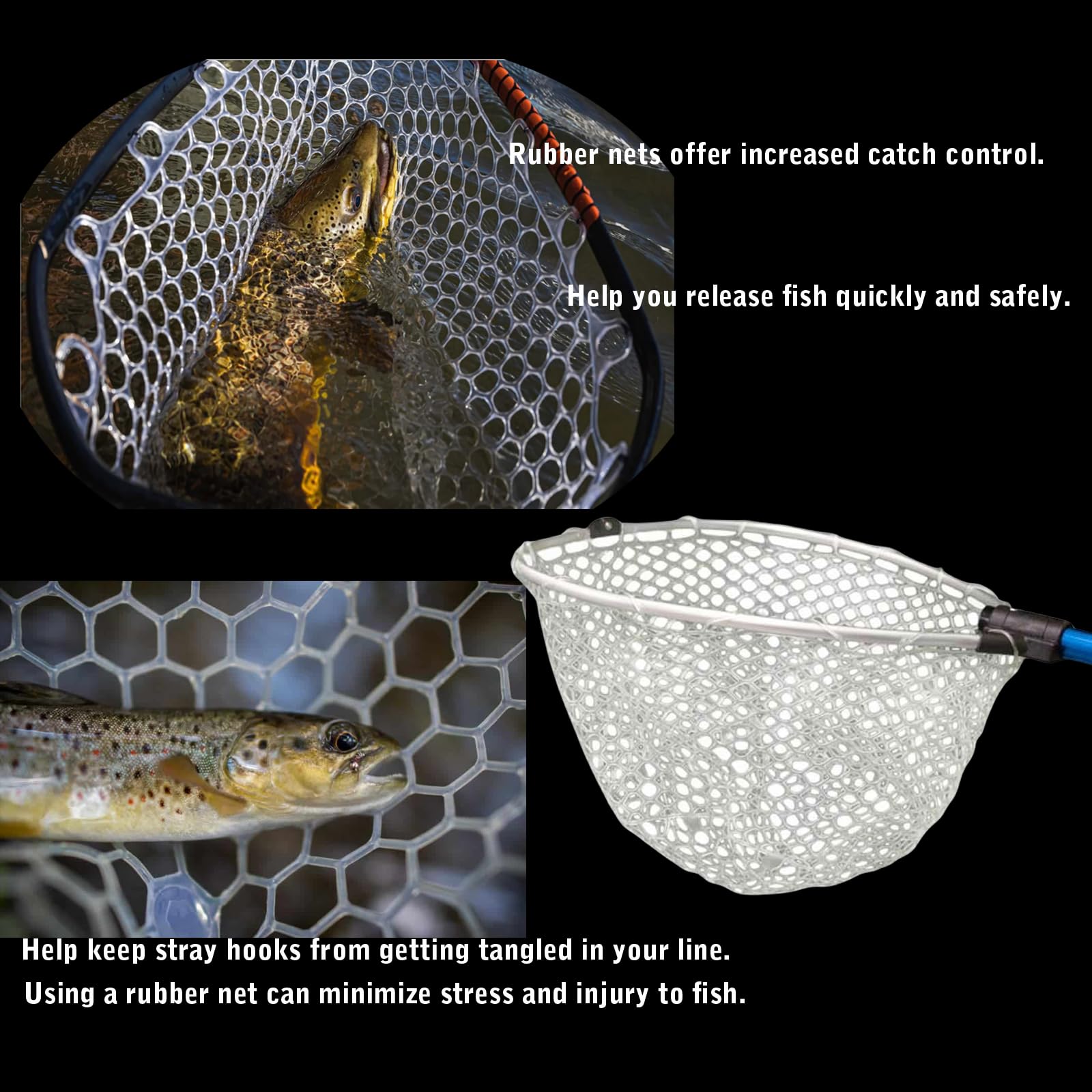 Fishing Net Replacement for Rubber Fly Fish Landing Net Mesh Bag,Depth 24.8" Soft transparent Rubber Mesh Net Large Size Clear Color