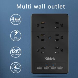 Multiple Plug Outlet Extender Nikleb, Surge Protector 12 Outlets, Plug Extender with 4 USB Ports Shared 4.8A, Wall Outlet Covers with Phone Holder, Charger Block Low Profile, USB Plug Space Saved