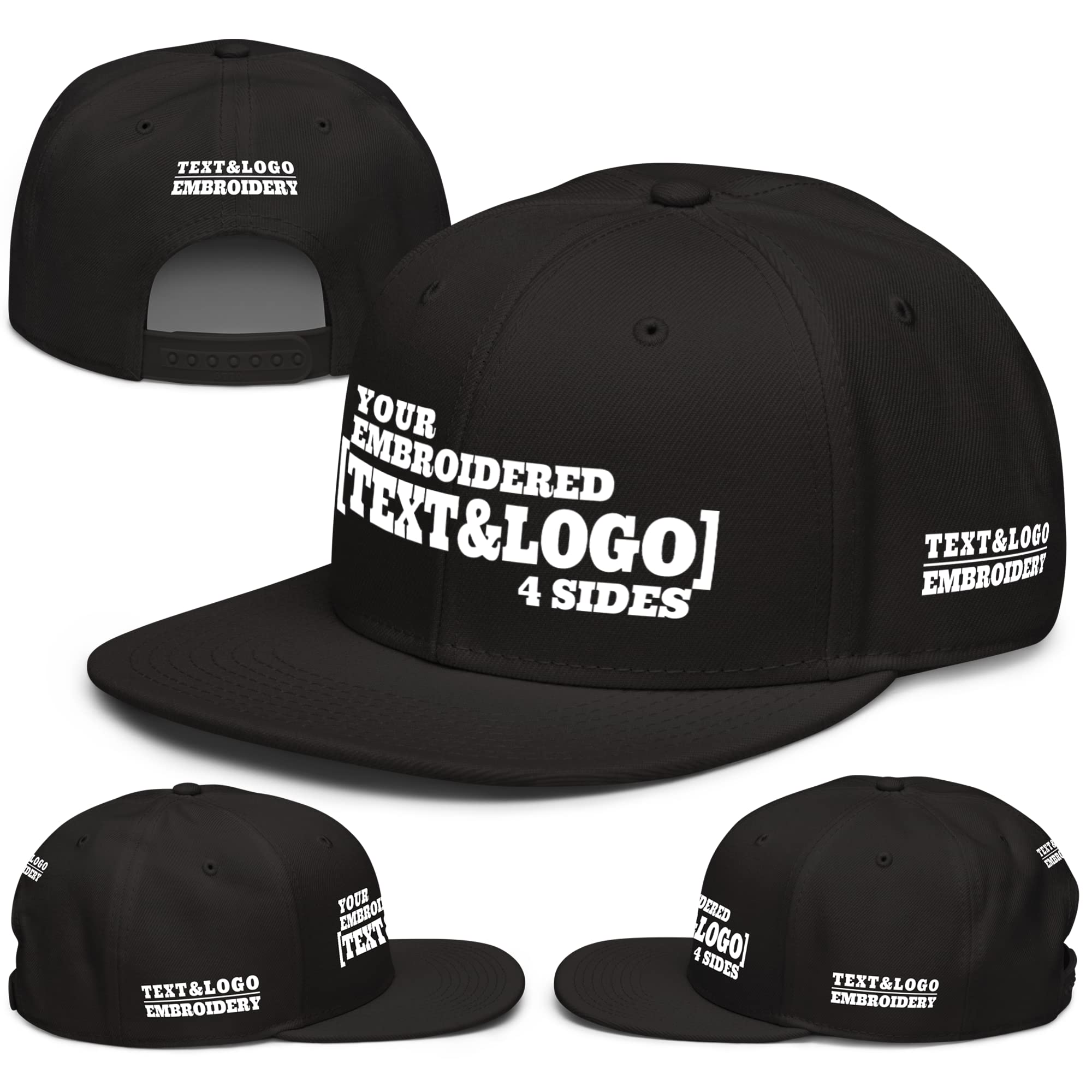 Custom Snapback Hat/Cap 4 Sides, Embroidery Personalized Text & Logo丨Flat Brim Bill Black