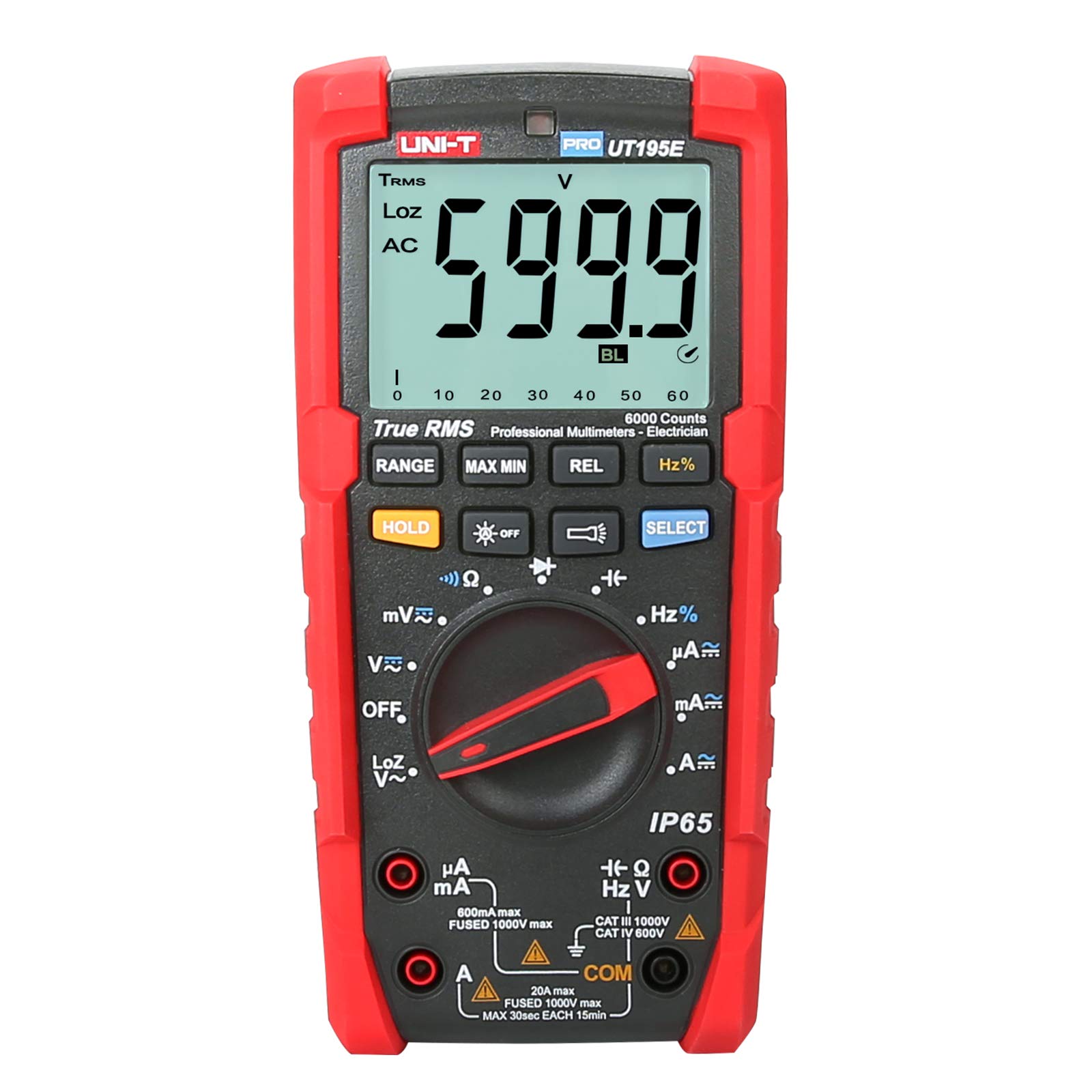 UNI-T UT195E Industrial Digital Multimeter (IP65, 2M Drop Test) True RMS 6000 Counts AC DC Voltage Current LOZ ACV Resistance Capacitance Frequency Duty Cycle Diode Continuity Test Auto/Manual Range