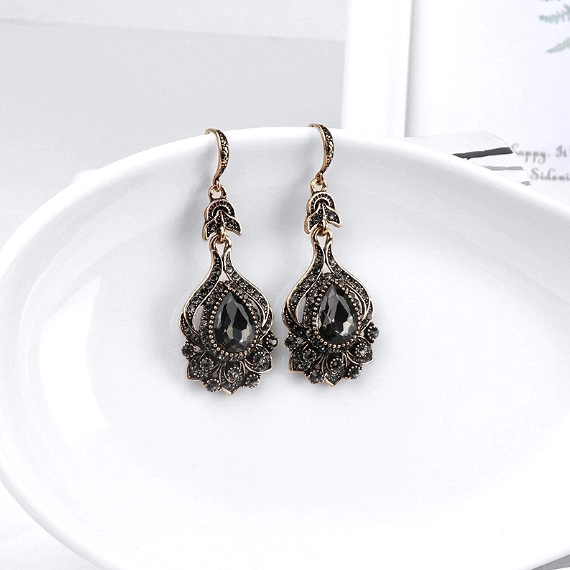 Gold Plated Vintage Black and Grey Dangle Earrings for Women Crystals Cubic Zirconia Dangle Drop Earrings