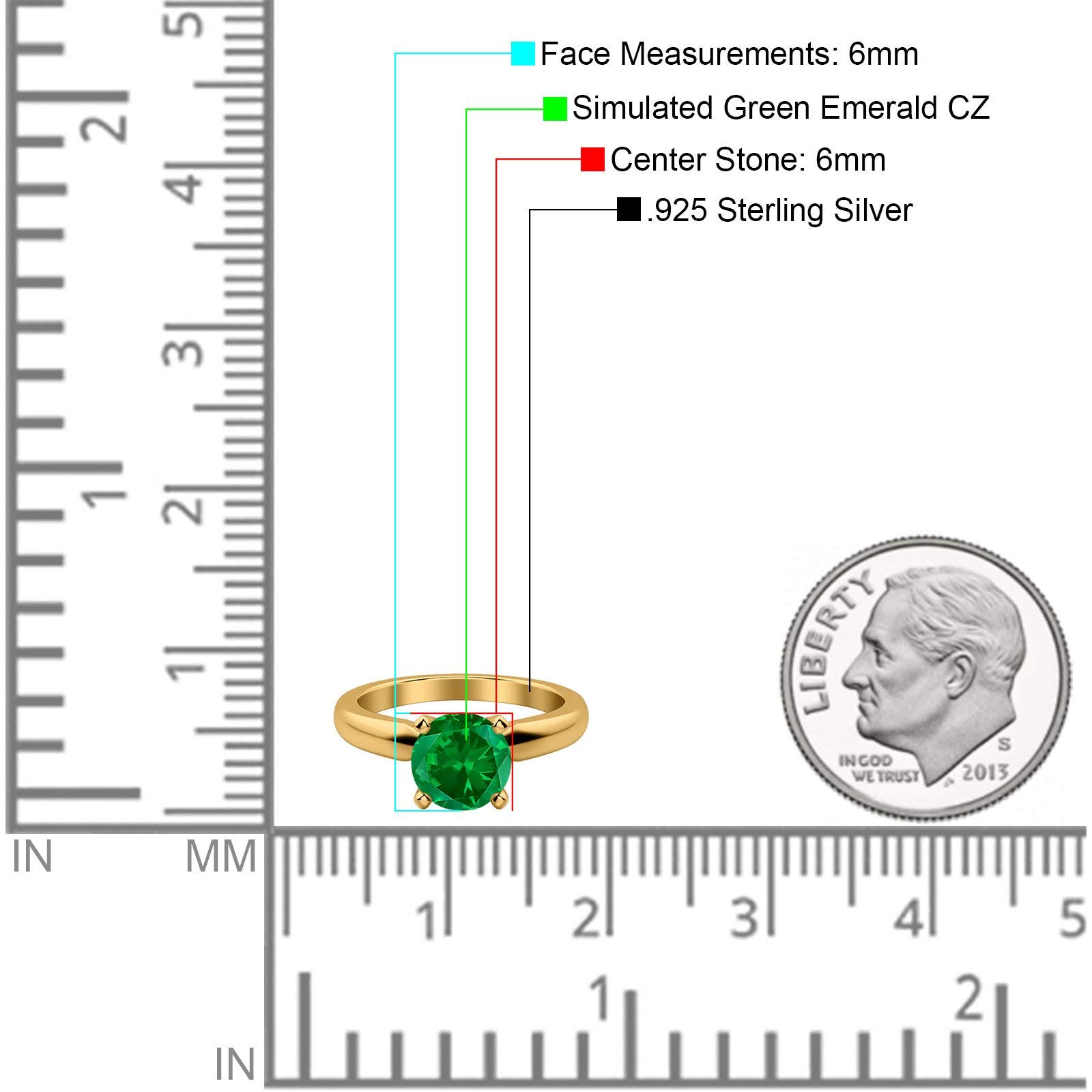 Blue Apple Co. Yellow Tone, Simulated Green Emerald CZ Size-6 Round Cubic Zirconia Cathedral Solitaire Wedding Engagement Ring Simulated CZ 925 Sterling Silver Center Stone-(6mm)